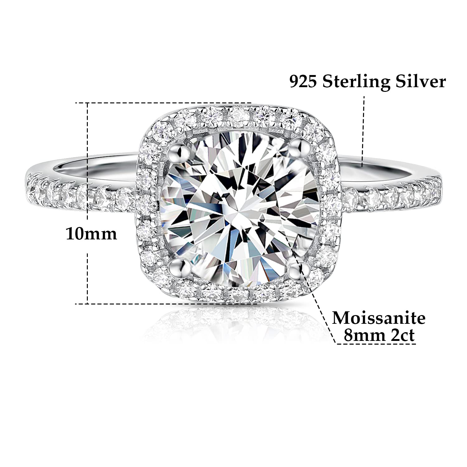 MDFUN Moissanite 2ct Halo Wedding Band S925 Sterling Silver Engagement Ring Square Diamond Promise Eternity Ring for Women Size 7