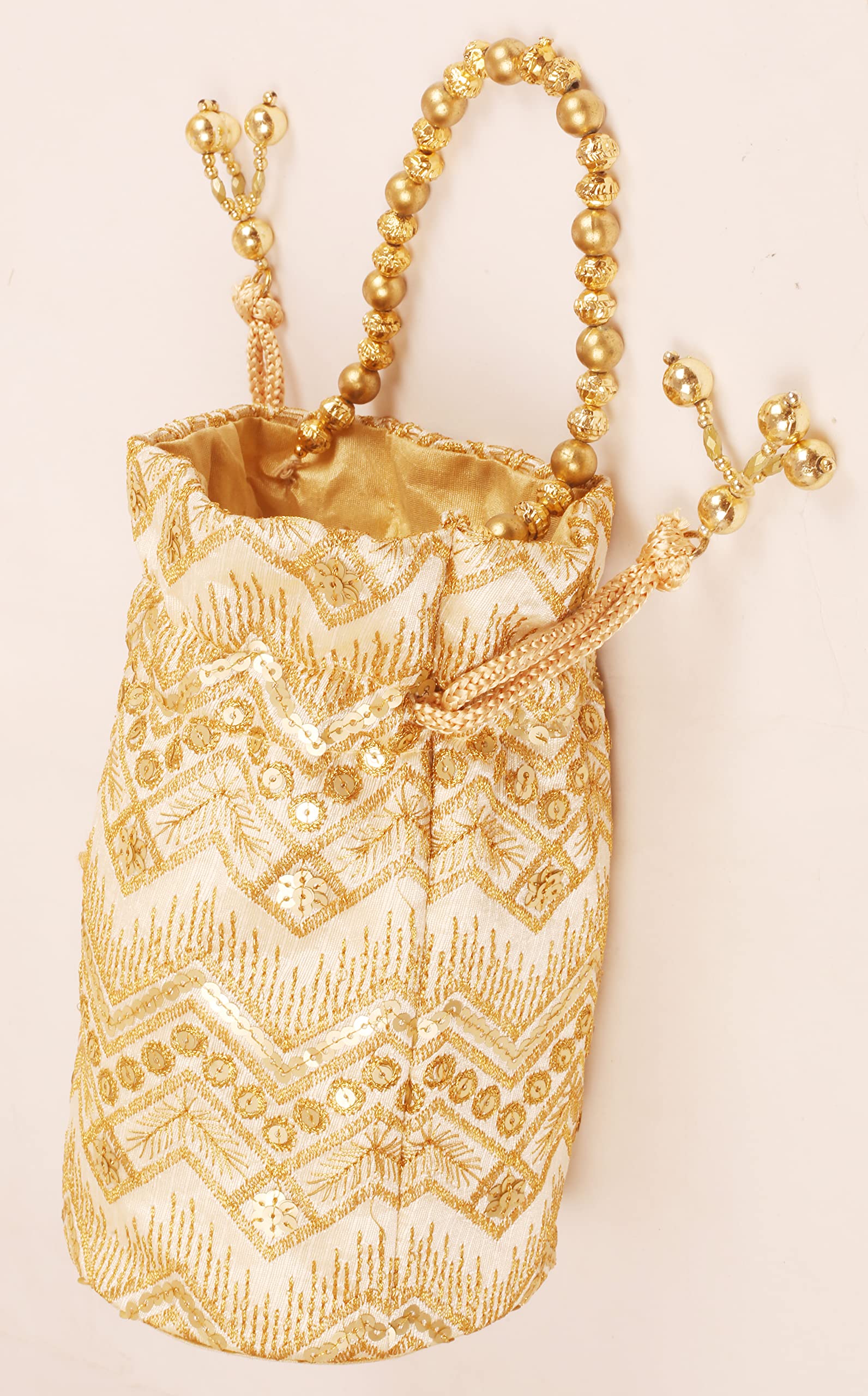 INDTRESOR beaded handcrafted brocade evening purse drawstring handbag vintage party wedding gift for women. Cream Gold