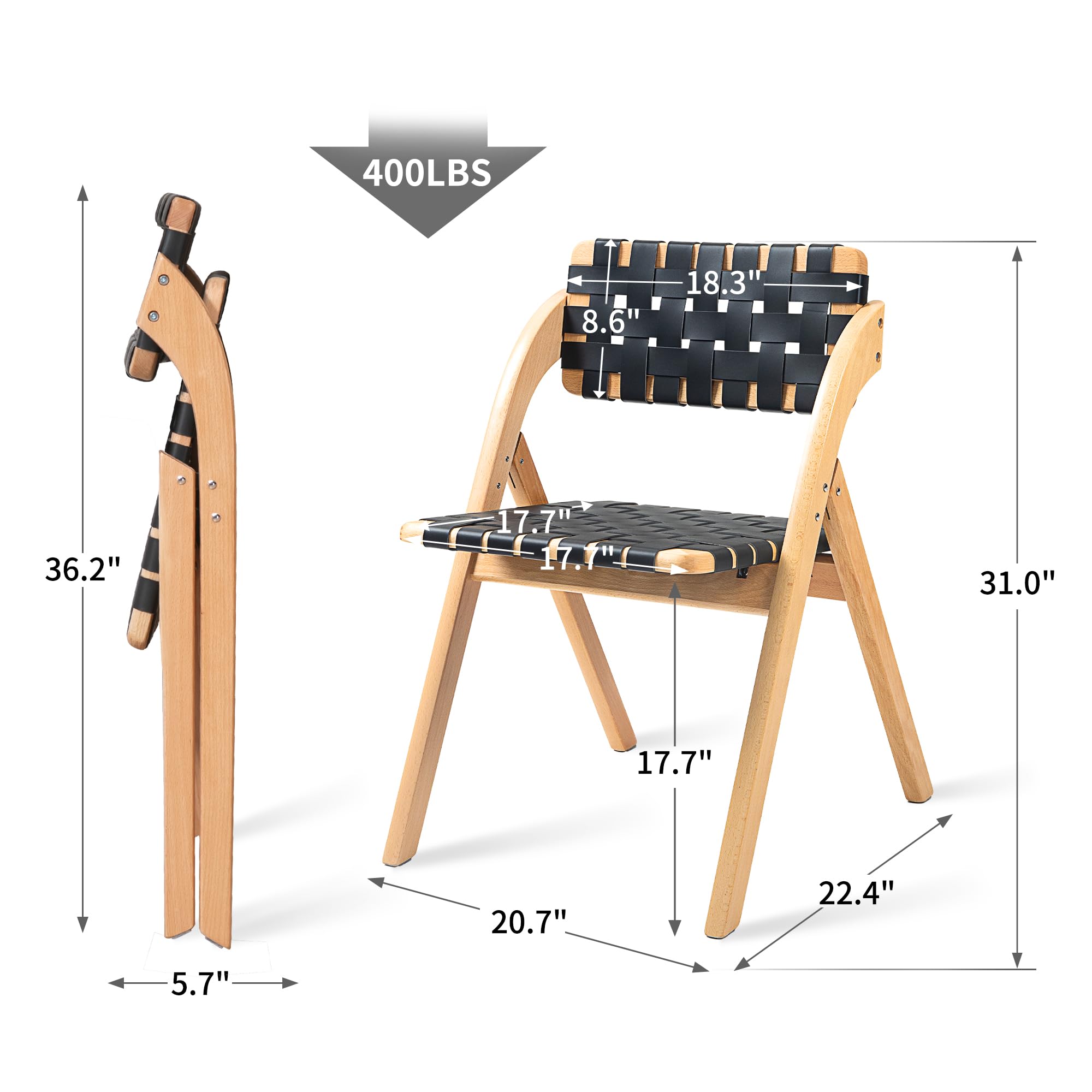 HOMEFUN PU Folding Chairs with Padded Seats, Wooden Stackable Dining Chairs Set of 2 Assembled Folding Extra Chair for Guests Kitchen Office Wedding