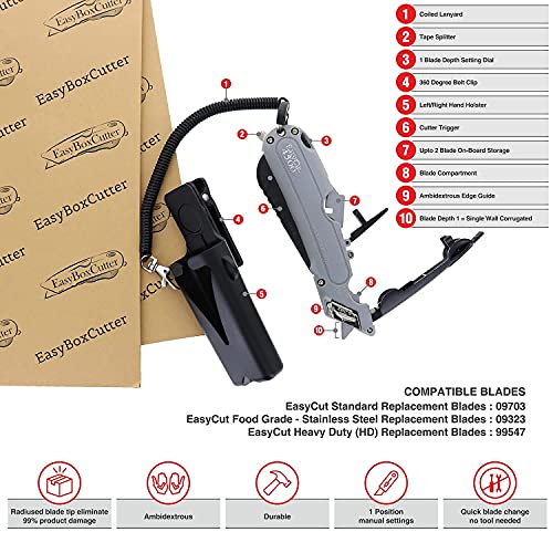 Modern Box Cutter, auto retract, blade vanishing technology, extra tape cutter at back, dual side edge guide, 1 blade depth setting, 2 blades and holster - Grey/Black Color 4500