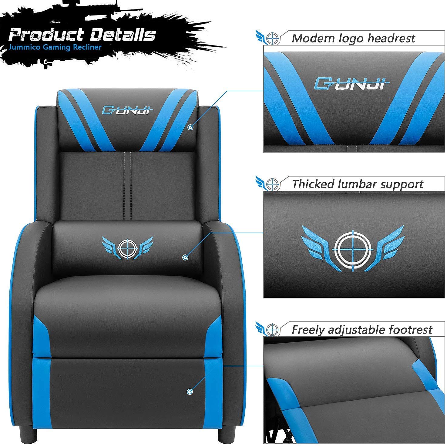 JUMMICO Gaming Recliner Chair PU Leather Single Recliner Sofa Adjustable Modern Living Room Recliners Home Theater Recliner Seat (Blue)