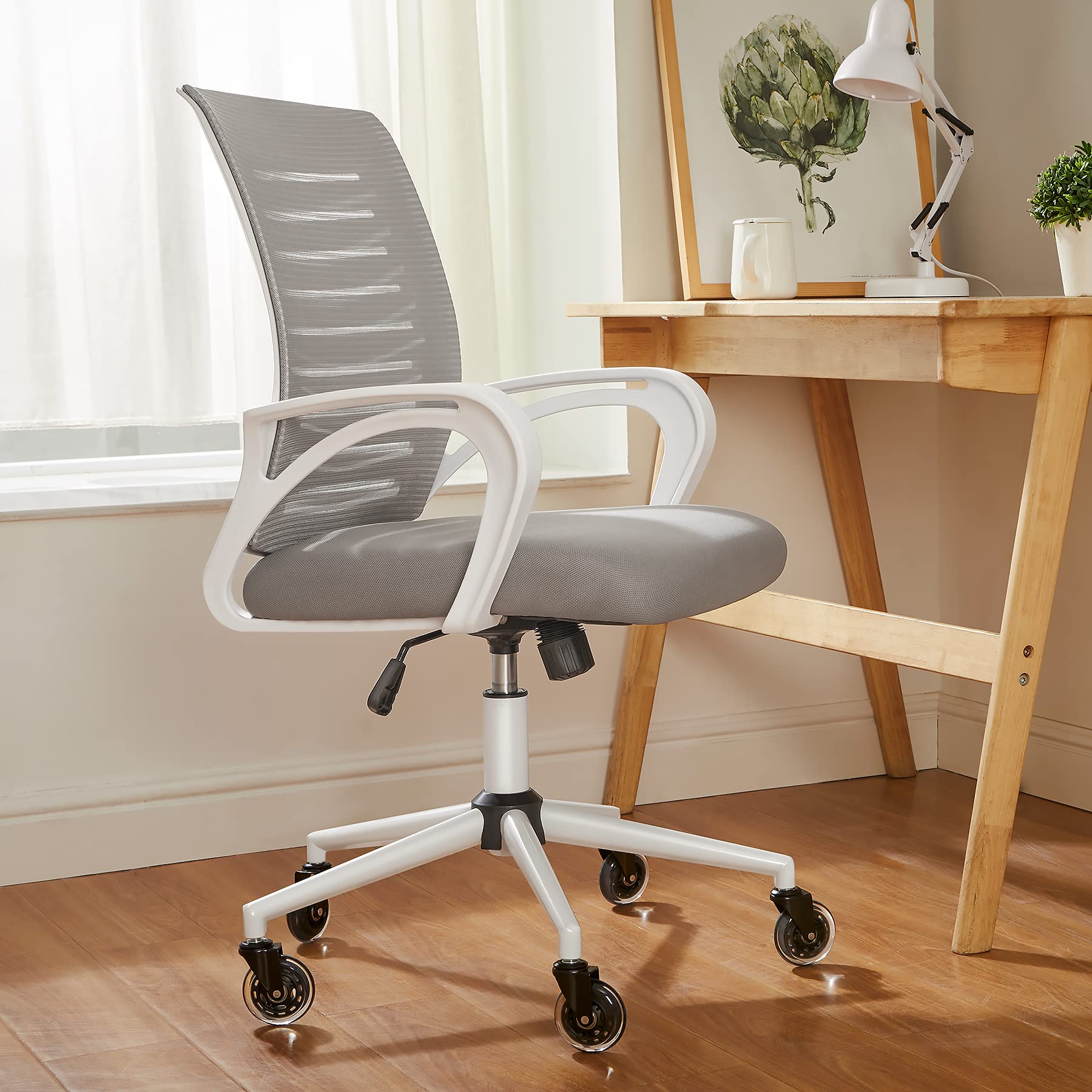 Home Office Chair, Ergonomic Computer Desk Chair with Upgraded Crystal Clear Rubber Casters Adjustable Swivel Rolling Mesh Mid Back Task Chair with Lumbar Support Armrests for Women Men Adult