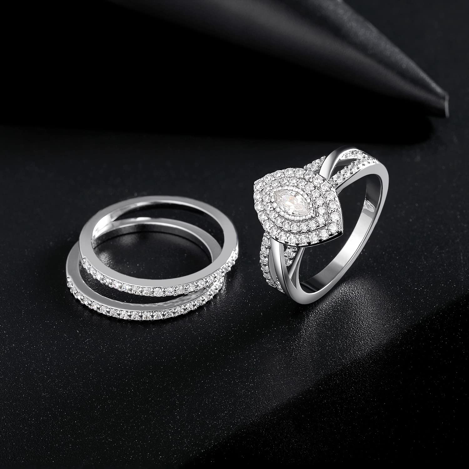 MDFUN Stackable Rings for Women 18K White Gold Plated Three-in-One Marquise Mini Halo CZ Wedding Engagement Promise Eternity Band (6)