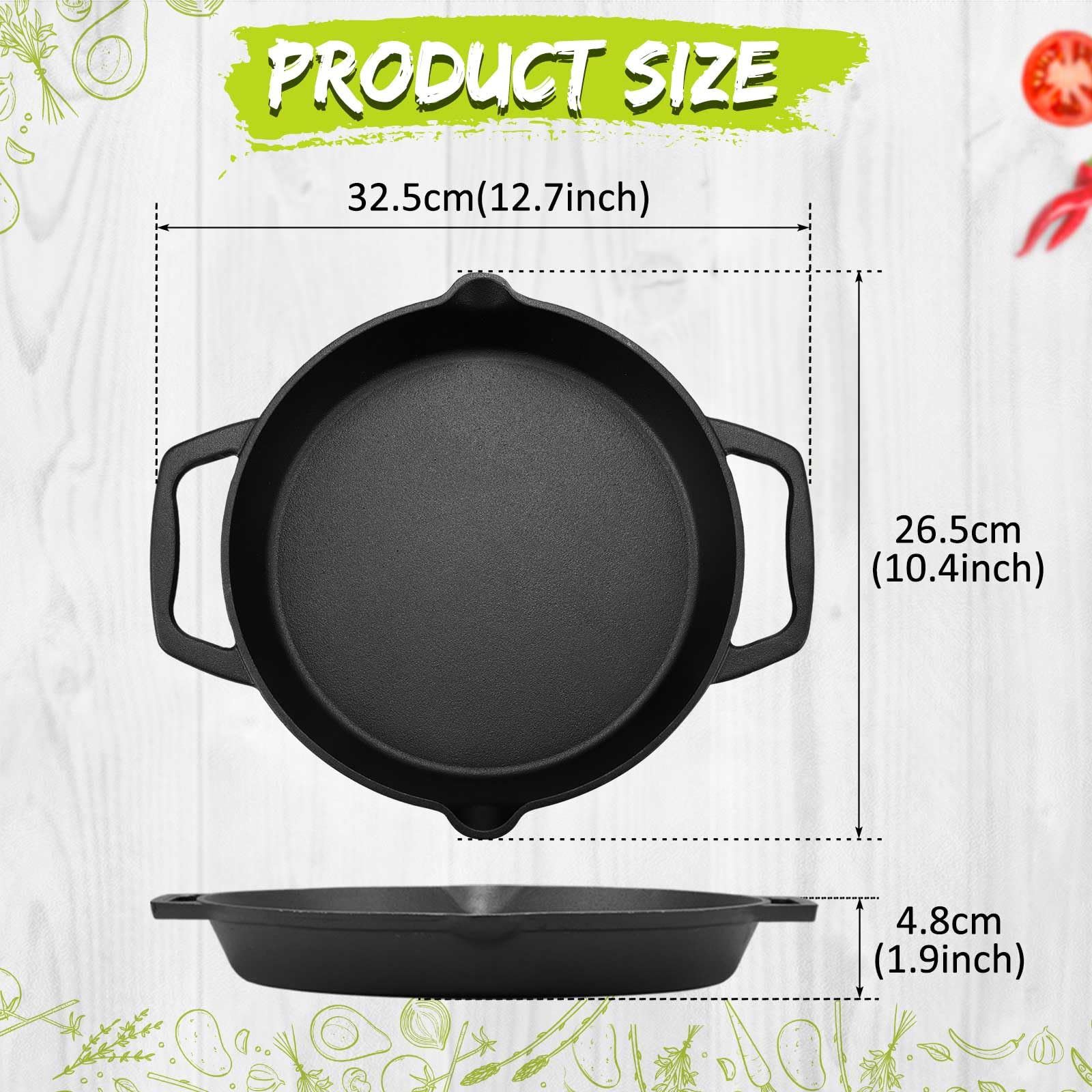 Sunnychicc 12 Inch Cast Iron Pan Dual Handle Cast Iron Skillet Black Casserole Dish Cast Iron Cookware Oven Safe Cast Iron Ramekin for Kitchen Indoor Outdoor Camping Picnic(1 Pcs)