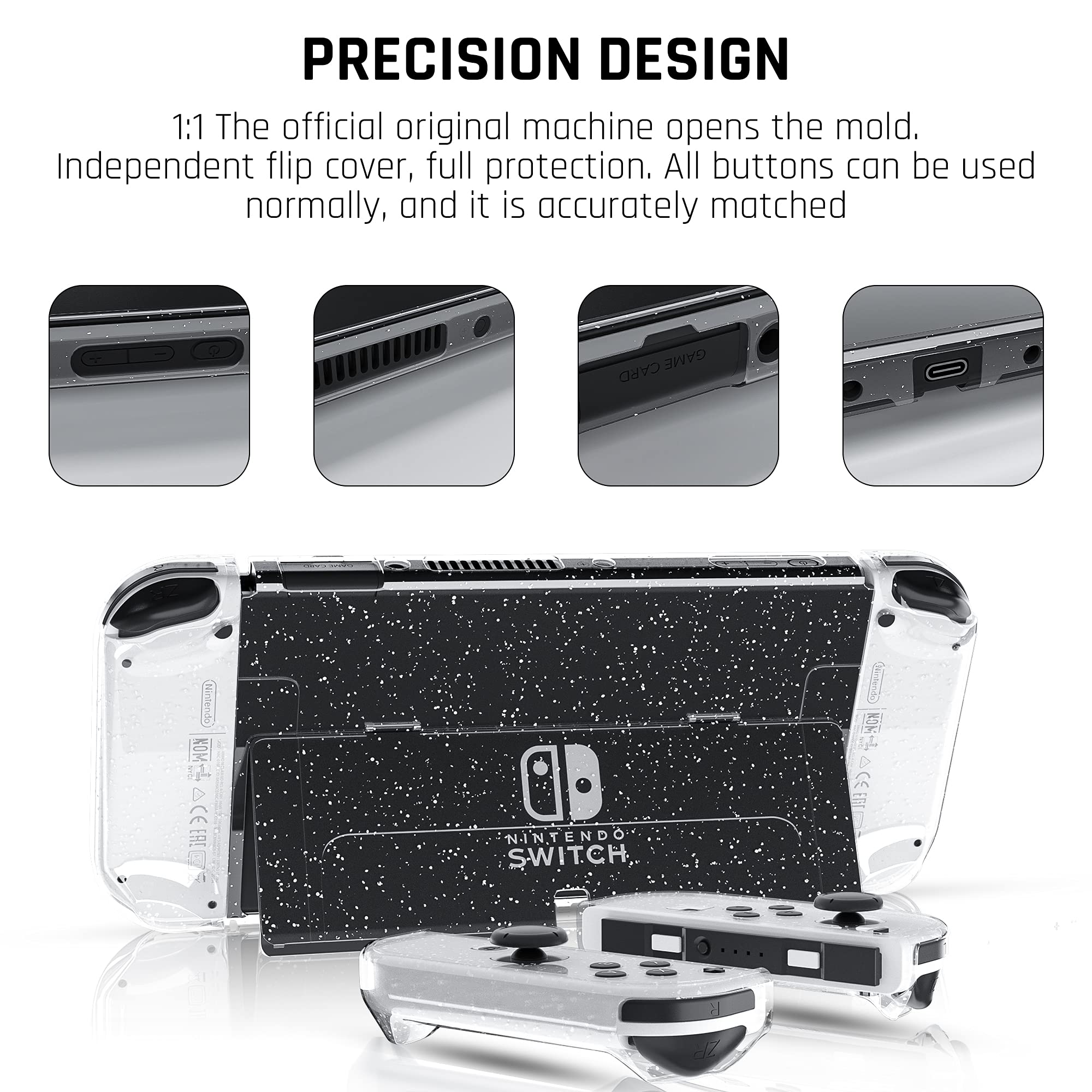 LASTYAL Clear Glitter Shell Compatible with Nintendo Switch OLED Model, Flip Protective Cover Case for Switch OLED and Joycon Controller, Shock-Absorption and Anti-Scratch Design