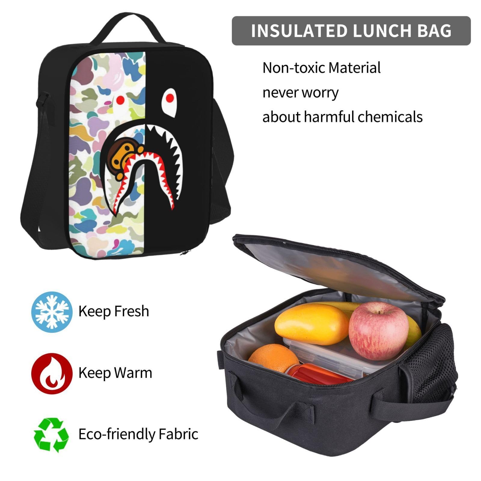 KAJUE Shark Camo Backpack 3 Piece Set with Lunch Box Pencil Case For Boys Girls Teens Men Women Daypack 17 Inch