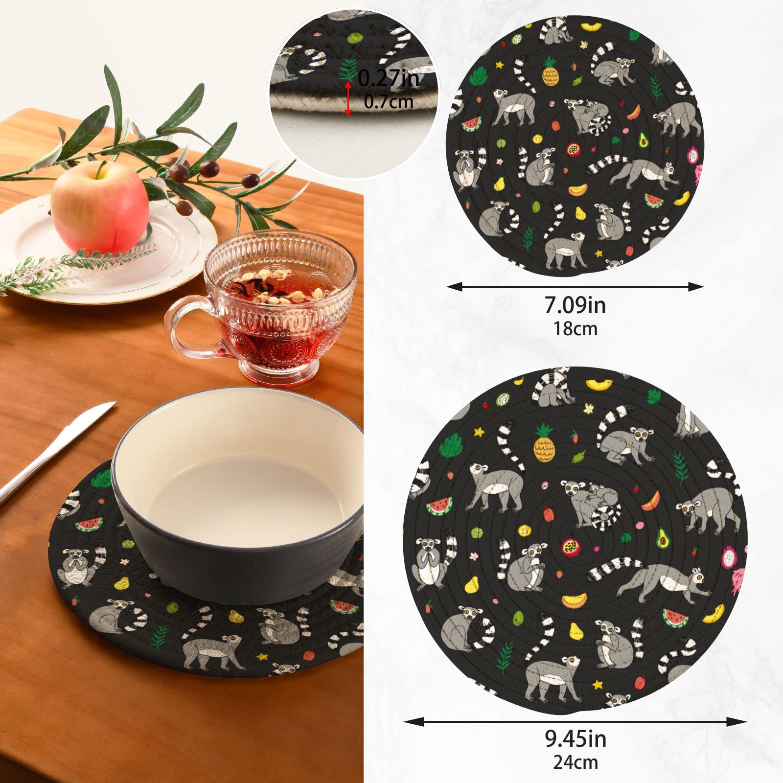 Lemur Tropical Fruits Cotton Braided Hot Pads Trivet Pot Holder for Kitchen Pot Holders Round Woven Potholders for Hot Dishes Suitable for Kitchen Farmhouse Dining Table Dining Room Party