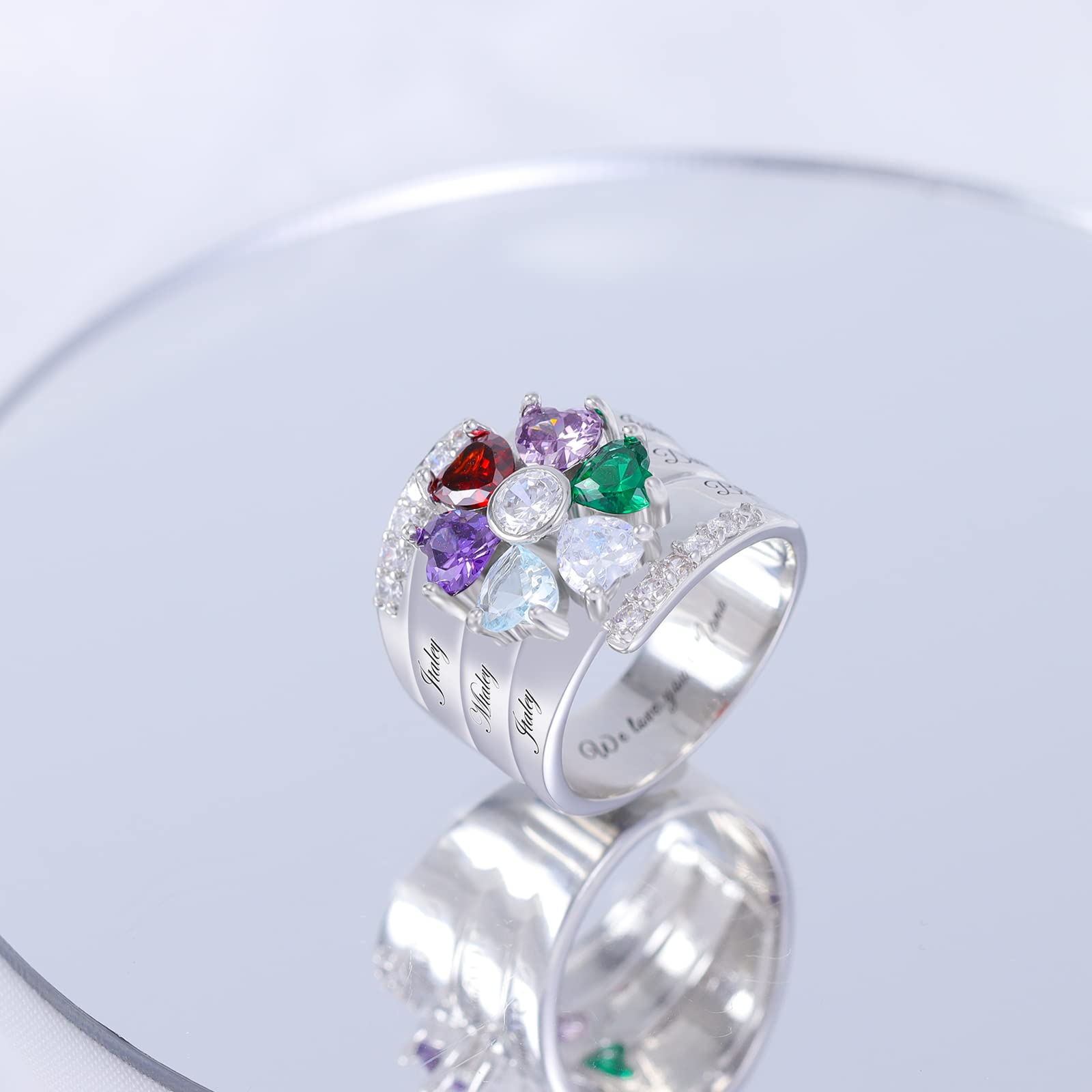 Laleonpame Mothers Ring Personalized Birthstones and Names Family Ring with 6 Heart Simulated Stone from Daughter Son