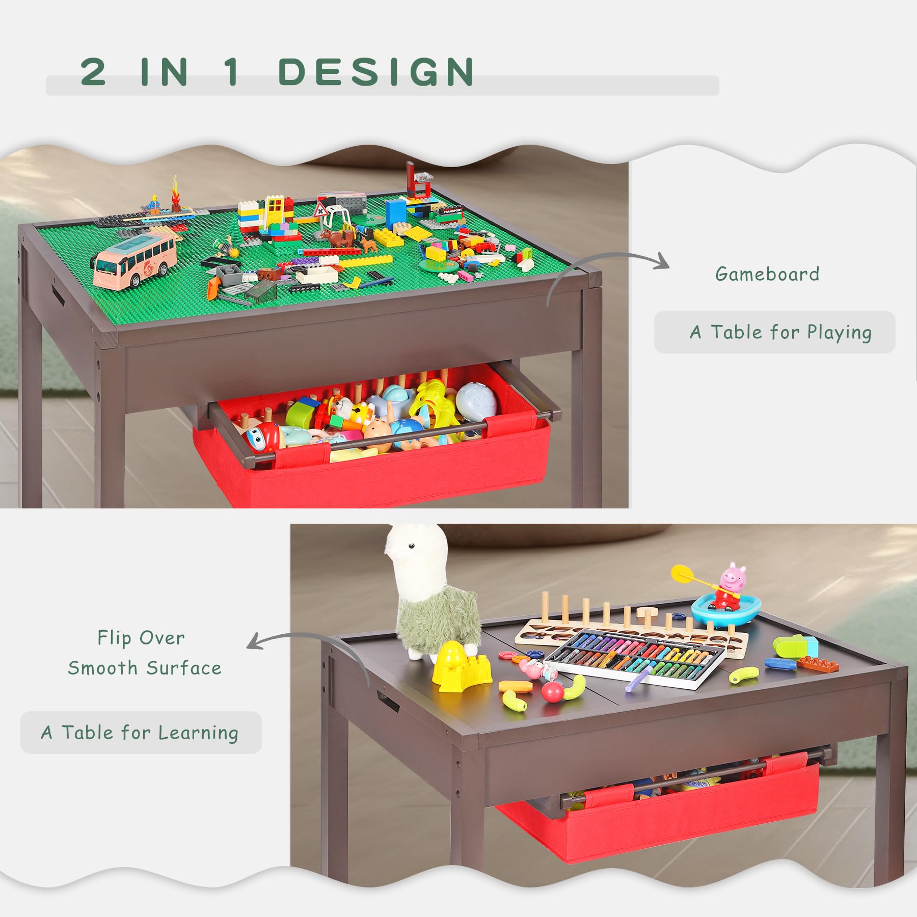 RedSwing 2 in 1 Kids Activity Table with Storage Drawers, Wooden Construction Play Table with Detachable Blocks and Blackboard Tabletop,Compatible with Lego and Duplo Bricks,Grey