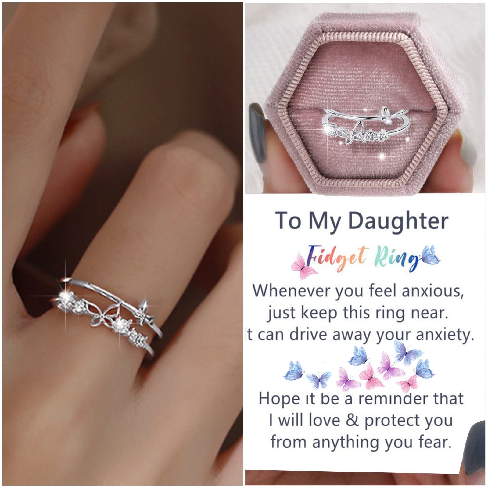 JPOQW To My Daughter Butterfly Ring Rhinestone Minimalist Anxiety Gift For Her Back School (Silver, One Size) 12 grams