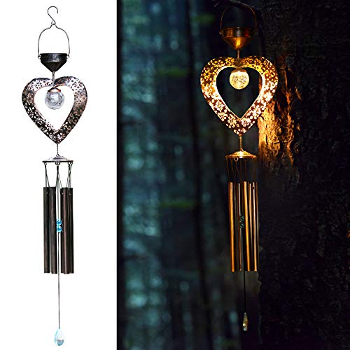 newvivid Solar Powered Wind Chimes Solar Heart-Shaped LED Wind Chimes Crackle Glass Ball LED Light with Metal Tubes Waterproof for Home Garden Patio Party Festival Decor…