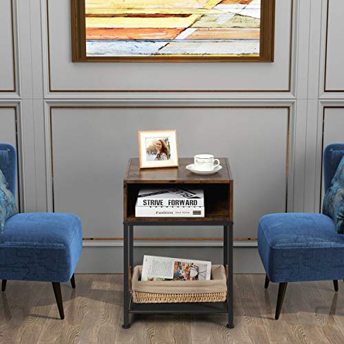 Home Office Living Room Bedroom Furniture Decor Coffee Sofa Side Bedside End Industrial Table Nightstand with mesh Shelf Rustic Brown Wood and Sturdy Steel Compact Size Easy Assembly