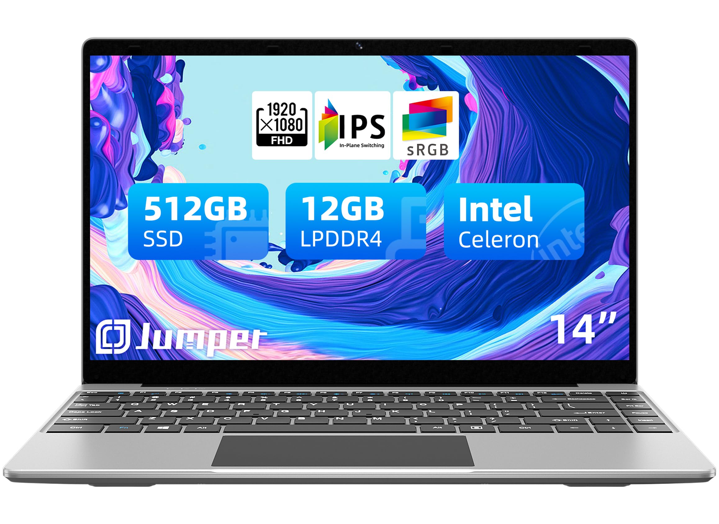 jumper Laptop 12GB LPDDR4 512GB SSD, 14 Inch Windows 11 Laptops Computer with Intel Celeron Quad-Core Processor, 1080p Full HD IPS Screen, 2.4G/5G WiFi, UHD Graphics 600, Stereo Speaker, USB3.0.
