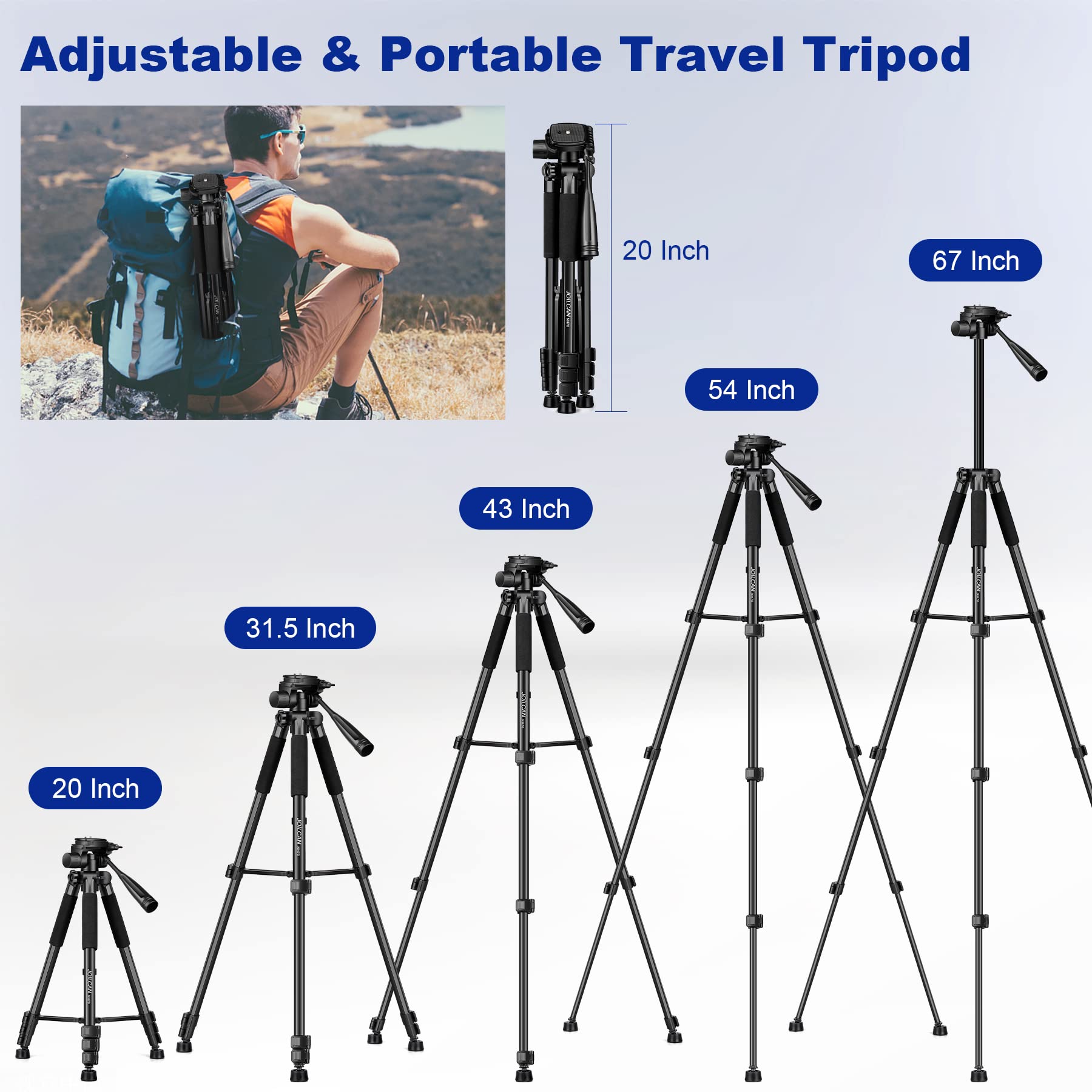 JOILCAN Camera Tripod, Heavy Duty Tripod for Camera, 67" Phone Tripod for Video Recording Photo Vlogging, Aluminum Phone Tripod with Remote & Travel Bag for DSLR Camera Phone Projectors Lasers