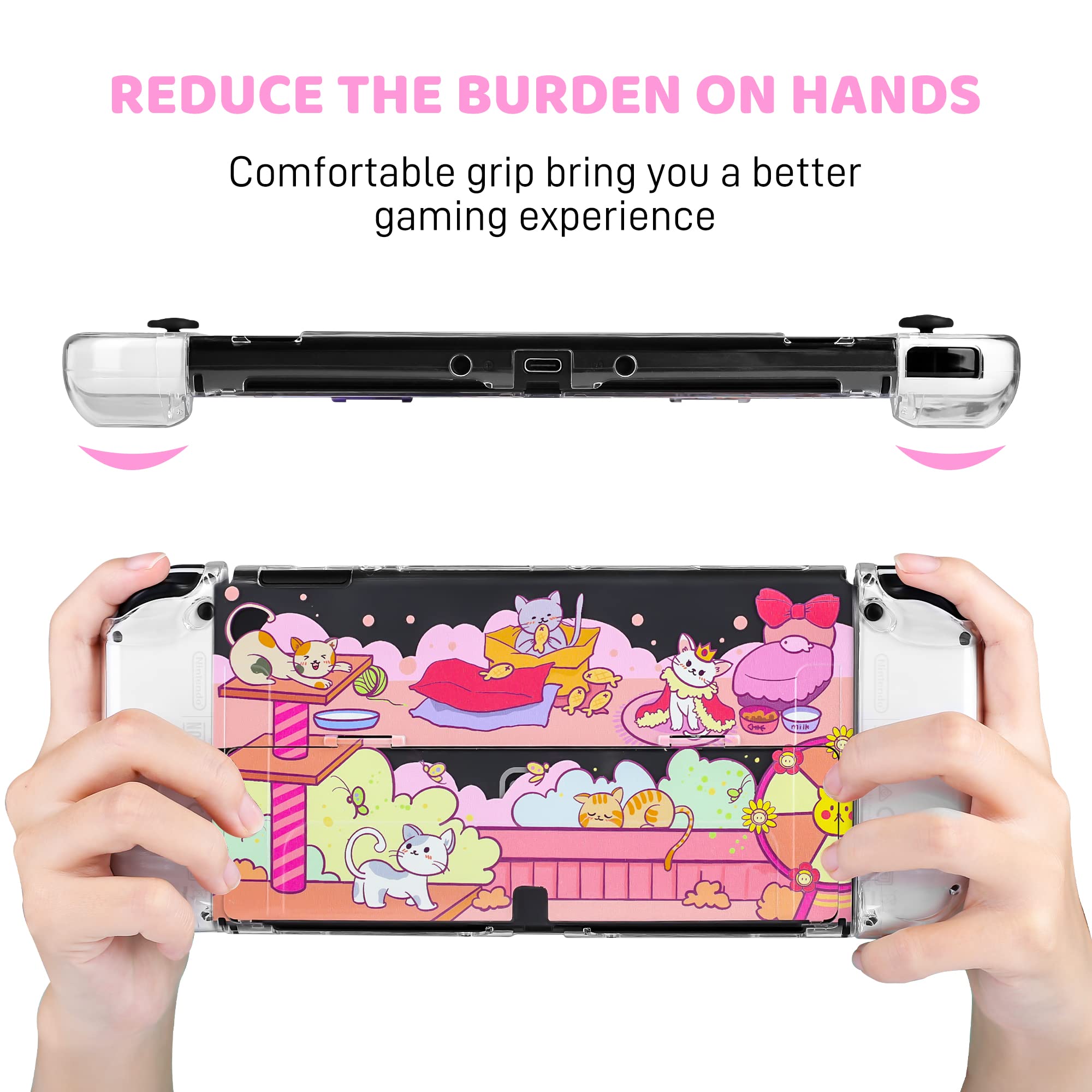 LASTYAL Pink Dockable Cover Case for Nintendo Switch OLED with Cute Cats, Transparent Protective Shell Compatible with Switch OLED Console, Comfortable Grip Shell for Joycon Controller - Cats Paradise