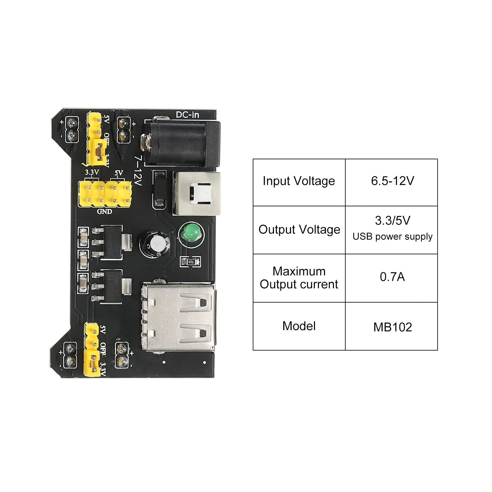 MECCANIXITY Power Supply Module DC 6.5-12V to 3.3/5V 0.7A Black for MB102 Prototype Breadboard Pack of 5