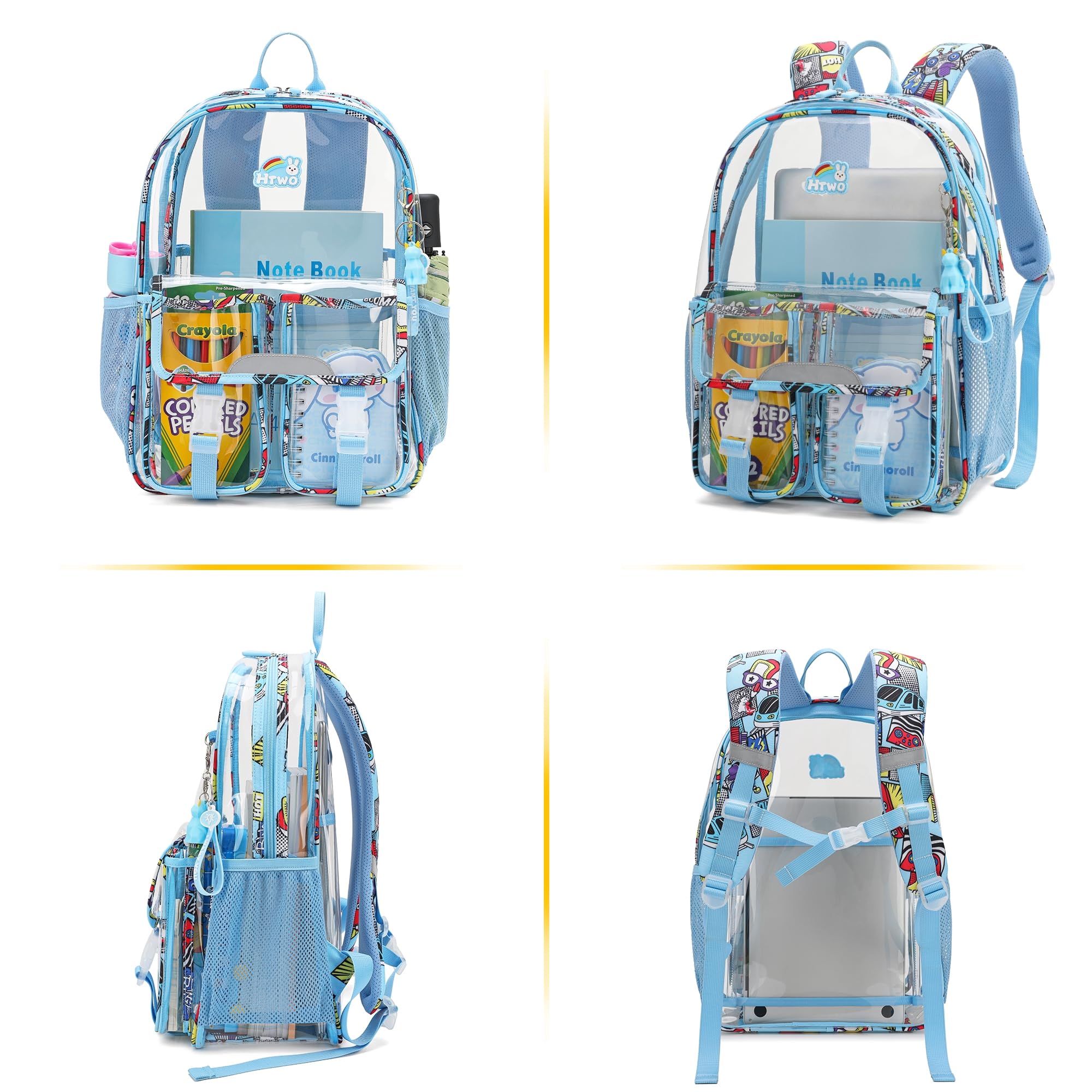 HTWO Clear Backpack For Girls Clear Book Bag Stadium Approved PVC Upgrade Backpacks For School Heavy Duty With Pendant (Dark Blue)