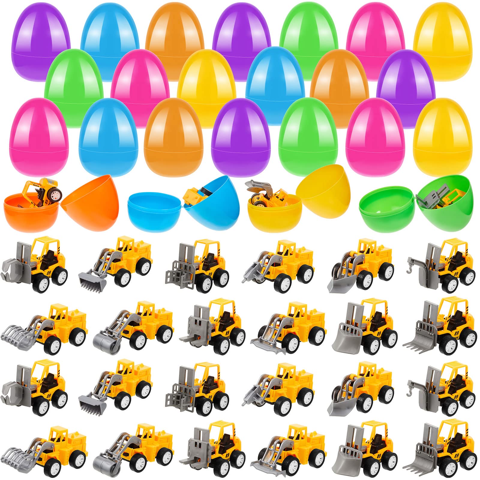 Meooeck 48 Pcs Prefilled Easter Eggs with Construction Vehicles Building Blocks Filled for Egg Hunt Plastic Toys Inside Colorful Basket Stuffers Easter Party Favor Boys Gifts Kids