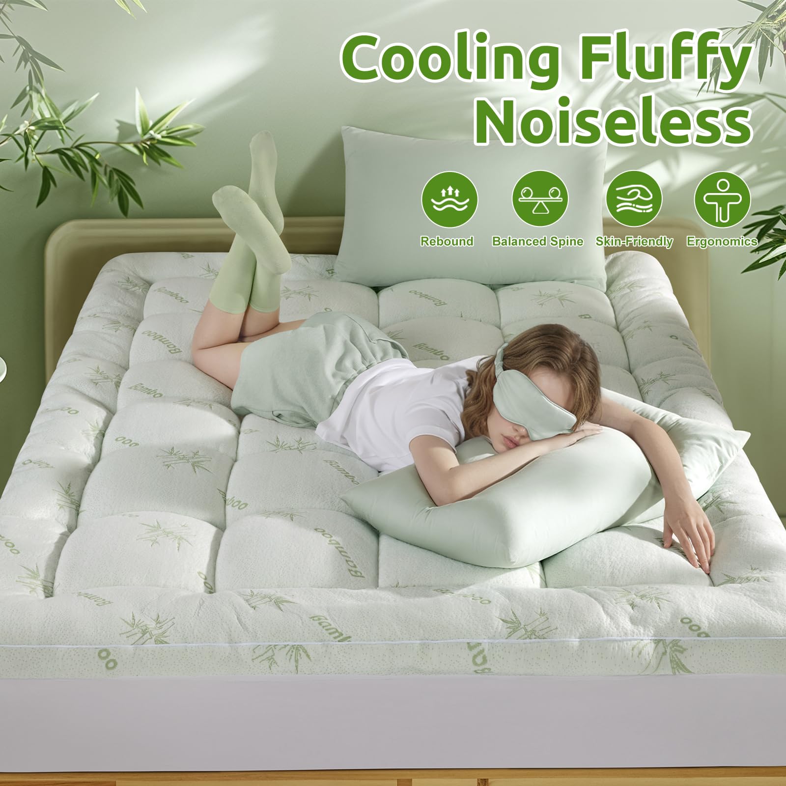 Shilucheng Cooling King Mattress Topper, Extra Thick Down Alternative Fill Washable, Soft Mattress pad for Back Pain with 8-21" Deep Pocket(Green,78"x80")