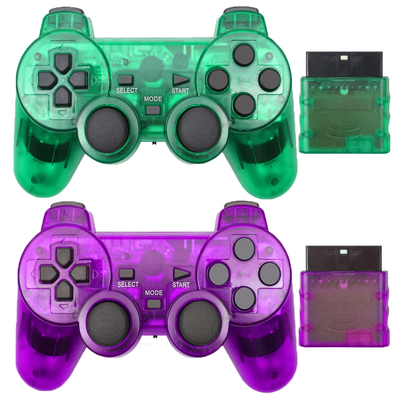 JINHOABF Wireless Controller for PS2,Built-in Dual Vibration 2.4G Gamepad Joystick Compatible for PS2 Controller,with Wireless Receivers (2PACK, Clear Green and Clear Purple)
