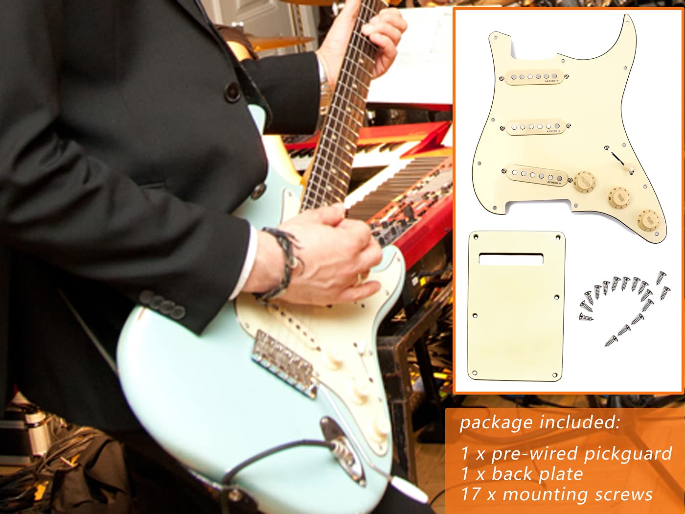 LAMSAM Prewired 6 String Electric Guitar Pickguard Loaded Modern Tone Single Coil Pickups, Pick Guards Wired Alnico 5 SSS Pickup Set Volume Tone Pots 5-way Switch, Backplate Included, Cream