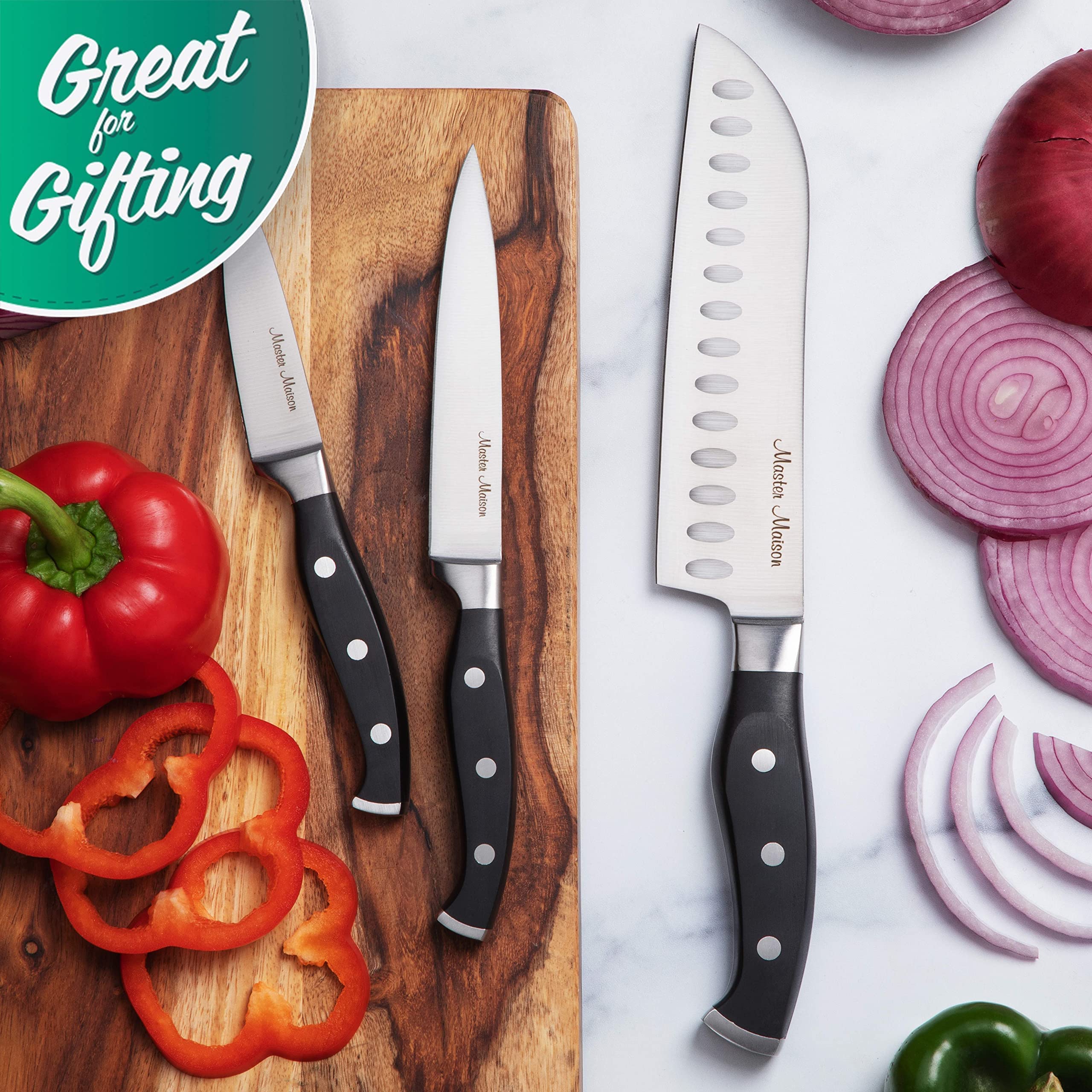 Master Maison Premium 19-Piece Kitchen Knife Set With Wooden Storage Block And Damascus Steel Granton Edge Carving Knife Set With Edge Guard Cover & Gift Box | German & Japanese Stainless Steel, Black