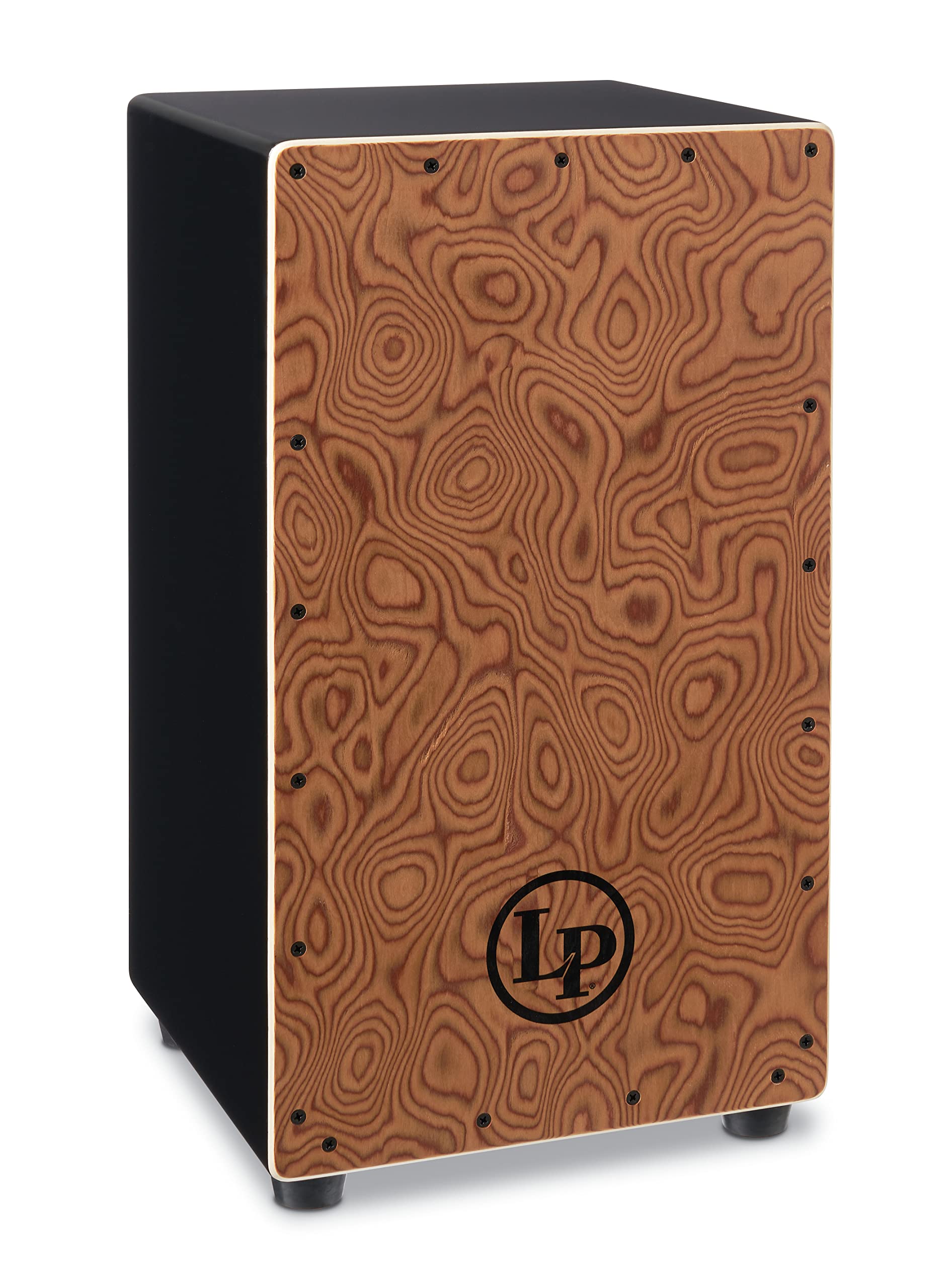 Latin Percussion Box Exotic Cajon, Black with Figured Cerice Craftwood Soundboard, H-19” W-11” D-10” (LP1428NYFC-K)