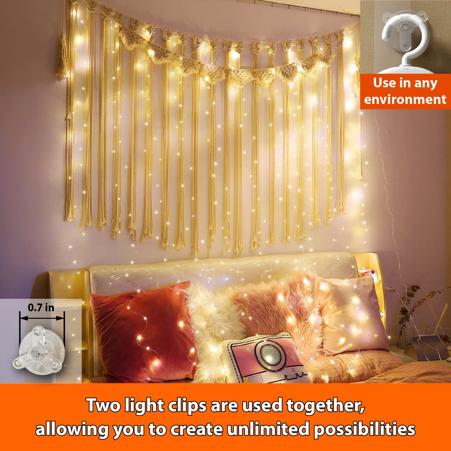 HXWEIYE Upgrade Curtain Fairy Lights Warm White 300LED with Rotating Clips & 12 Hooks, 9.8x9.8Ft Led String Light, Timer & 8 Modes USB Plug-in DIY Decorative Light for Bedroom Indoor Outdoor Wedding