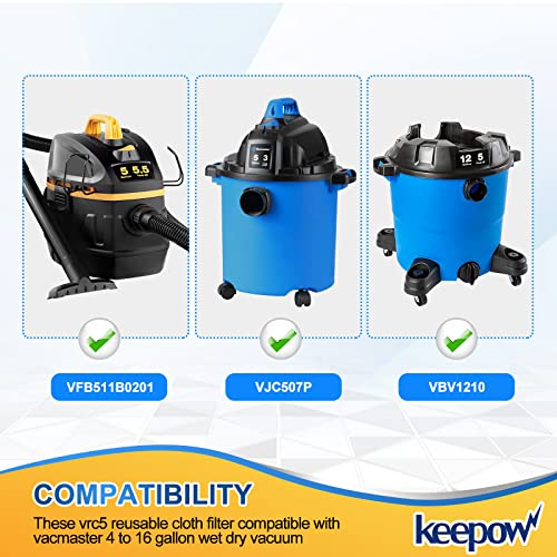 KEEPOW Shop Vac Filter Bags Compatible with Vacmaster 4 to 16 Gallon Wet Dry Vacuums VBV1210 VJC507P, Cloth Filter Bags 6 Pack, Part #VRC5
