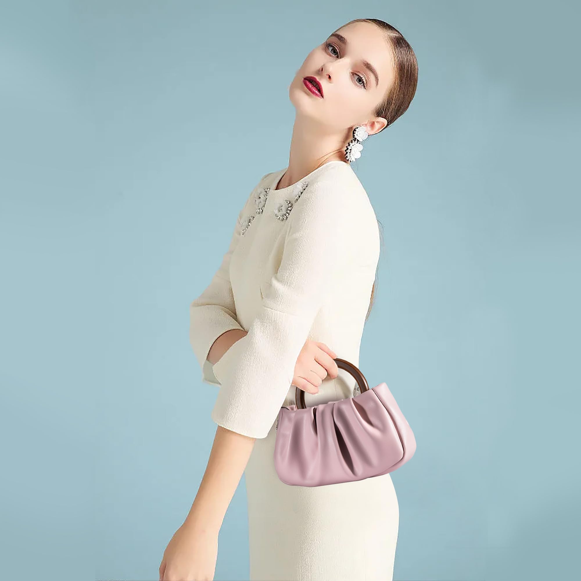 Milan Chiva Clutch Purses for Women Small Handbags Dumpling Mini Cloud Bag with Wooden Handle MC-1007TQ