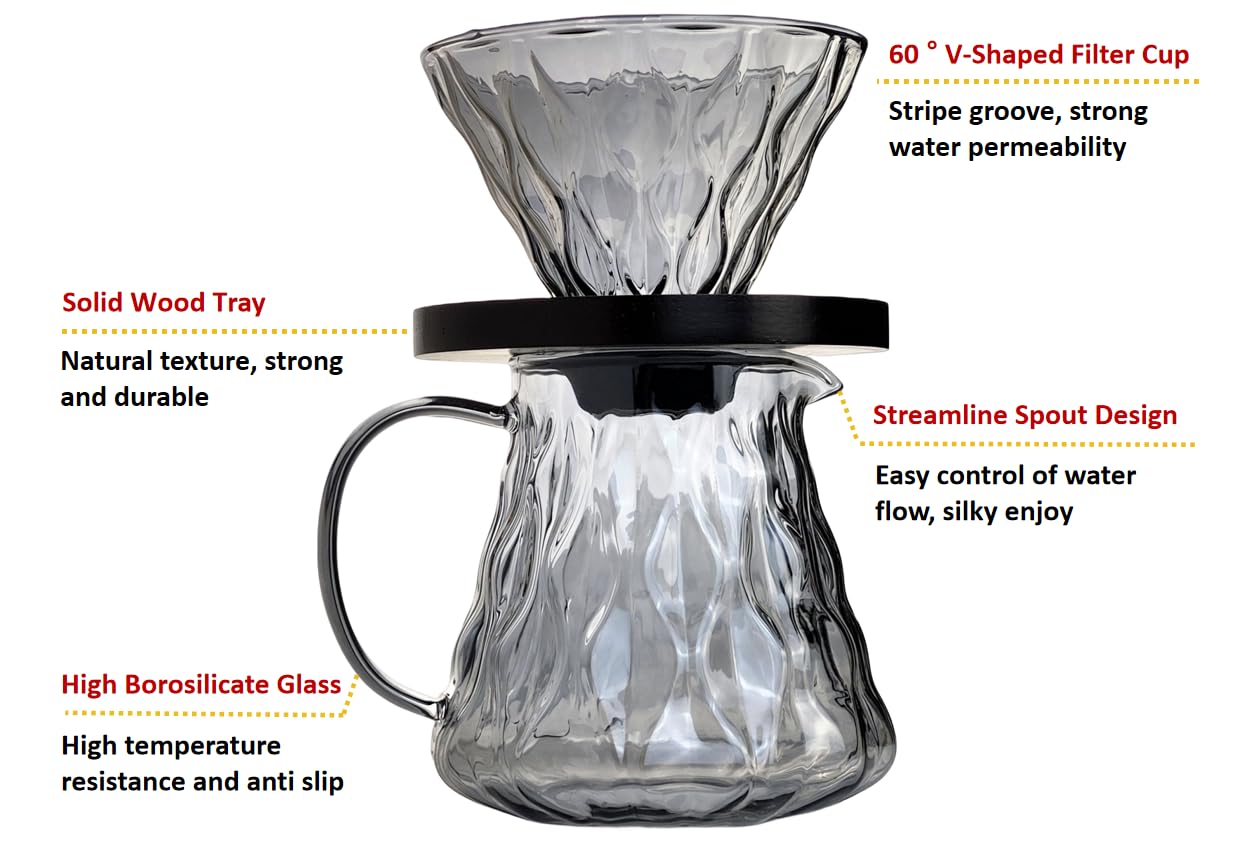 HYAXGM Pour Over Coffee Maker, 20oz/600ML Glass Carafe with Glass Coffee V60 Paper Filter 100 Sheets,Glass Pour Over Coffee Dripper With Wooden Base Stand,Drip Coffee Maker Set for Home or Office