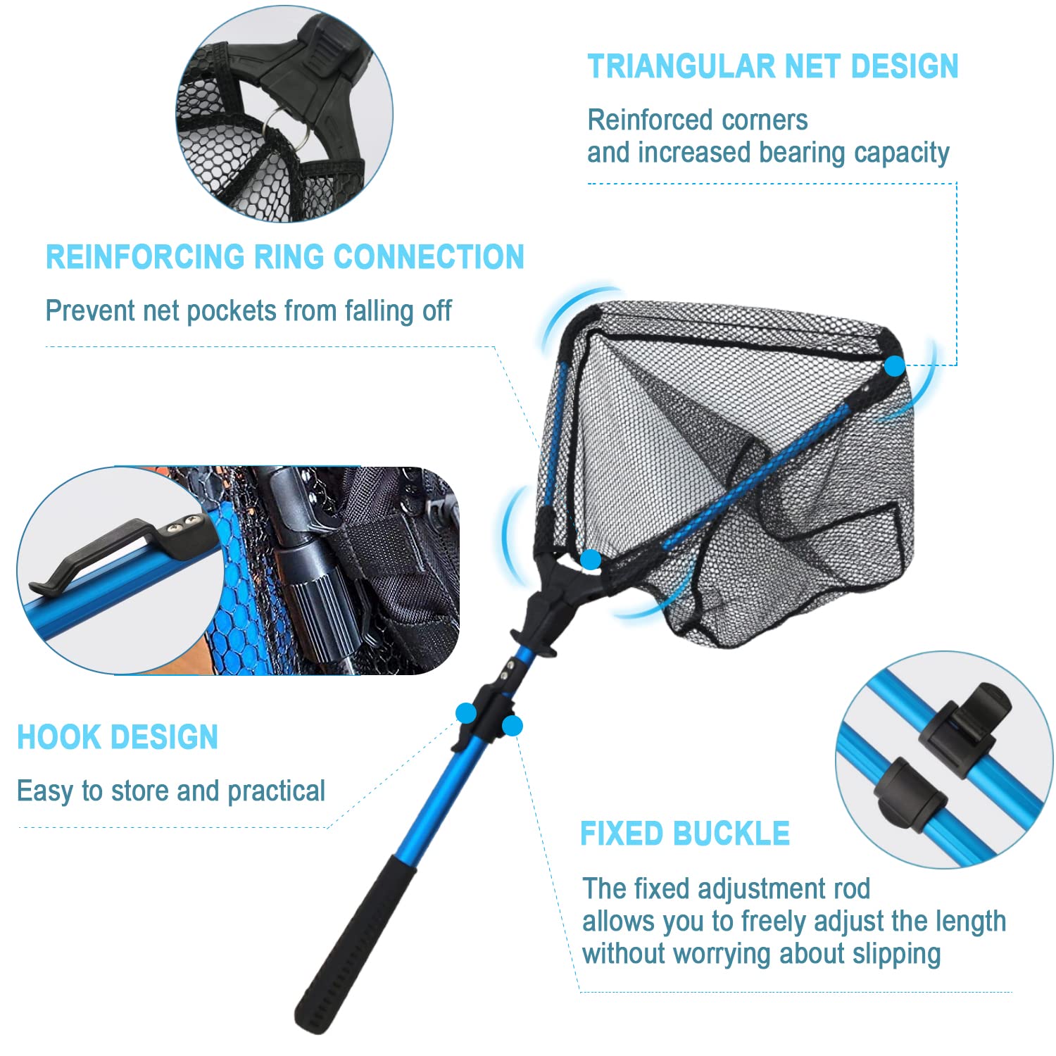 Landing Net, Foldable Extendable Fish Net, Lightweight & Portable Fly Fishing Net, Fish-Friendly Mesh for A Safe Release, blue