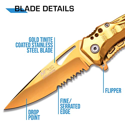 MTech USA β Spring Assisted Folding Knife β Partially Serrated Gold TiNite Coated Stainless Steel Blade, Gold TiNite Coated Aluminum Handle, Pocket Clip, Tactical, EDC, Self Defense- MT-A705GD