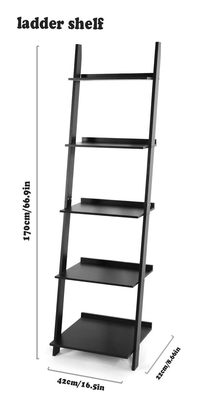 HYNAWIN Ladder Shelf 5 Tier Bookcase, Multipurpose Plant Flower Stand Bookshelf Storage Rack Shelves, Wood Look Accent Bamboo Frame Modern Furniture Home Office (Black)