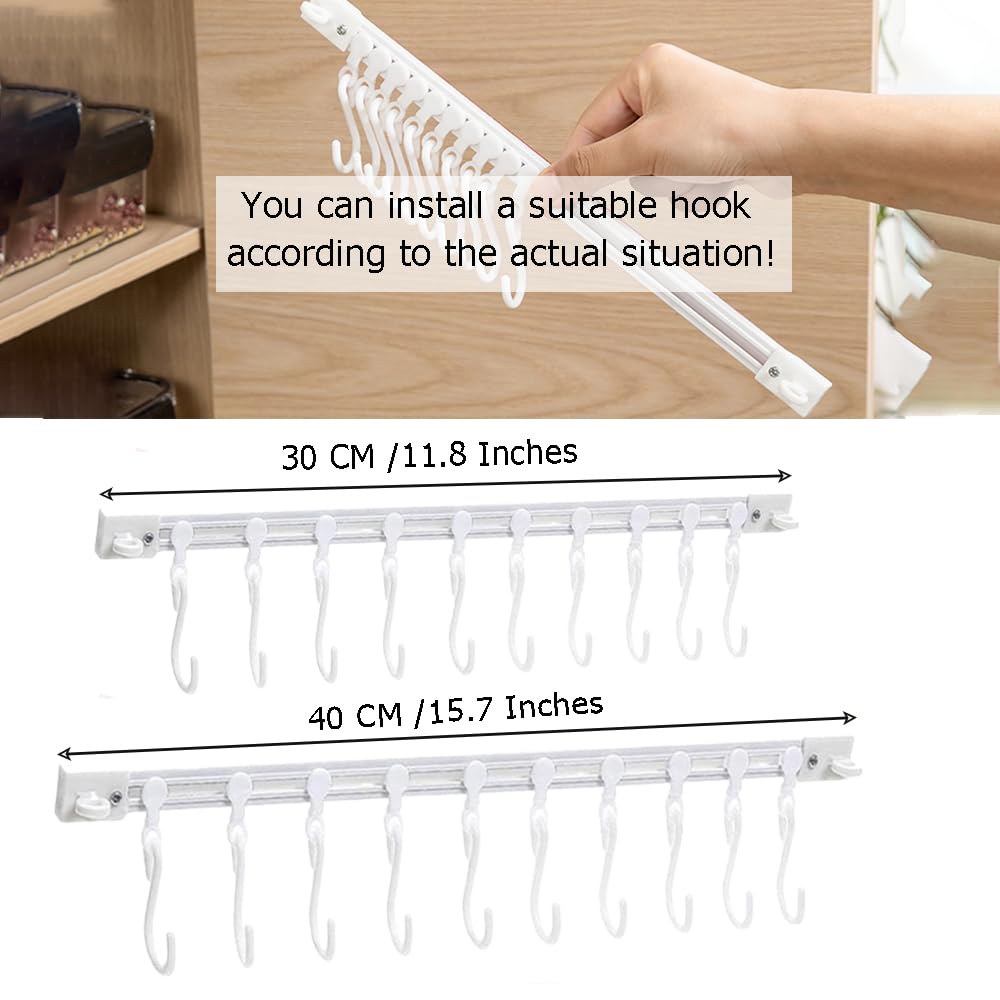 OULIGET Utility Slide Rail Hook,Under Cabinet Kitchen No Punching Hooks for Hanging Utensil,Bathroom Bedroom Office Wall Door Rack with 10 Hooks,15.7 and 11.8 Inches,2Pieces