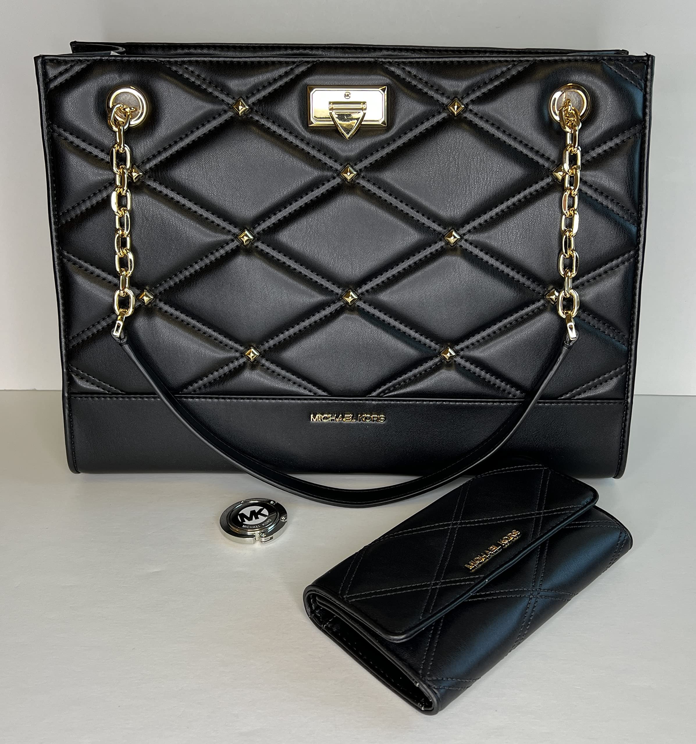 Michael Kors Serena LG EW Chain Shoulder Tote bundled with Trifold Wallet and Purse Hook (Black)