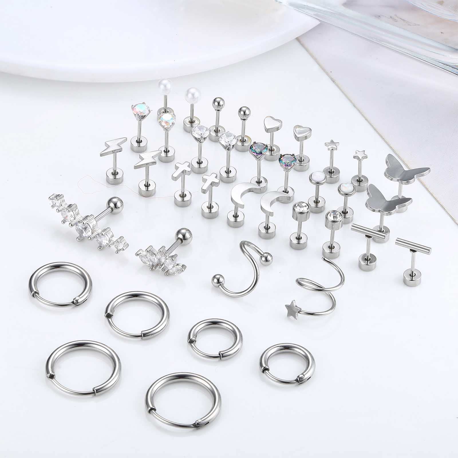 Jstyle 20G Stainless Steel Stud Earrings for Women Men Star Moon Heart CZ Flat Back Earrings Set Cartilage Earrings Hoop Small Flatback Earrings Stud Tragus Helix Daith Piercing Jewelry Silver Tone