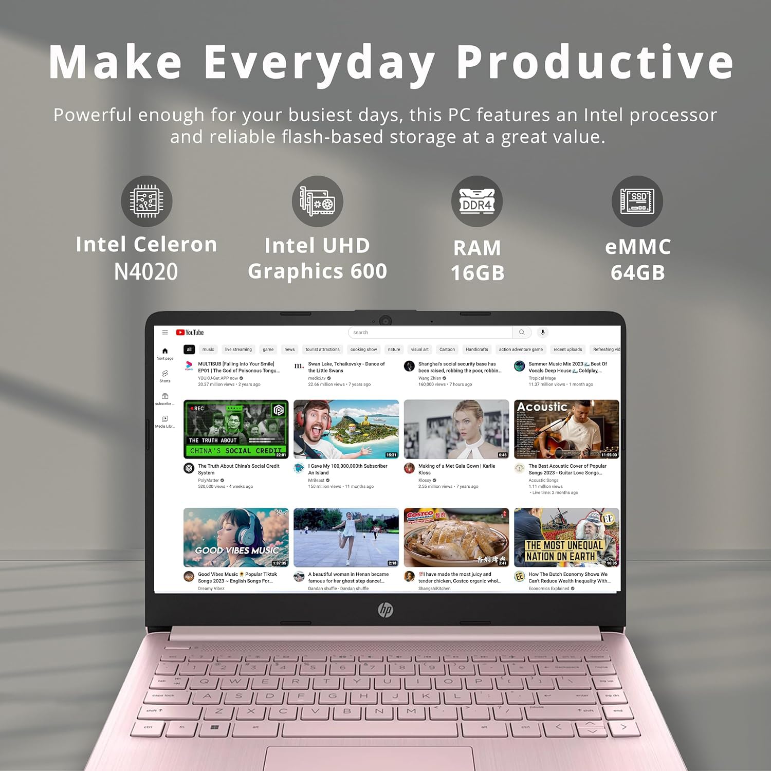 HP Stream Laptop, 14 inch HD Screen, Intel Celeron N4020 Processor, 16GB RAM, 64GB eMMC, Windows 11, 1-Year Office 365, HDMI, Wi-Fi, USB-C, Webcam, Pink, PCM
