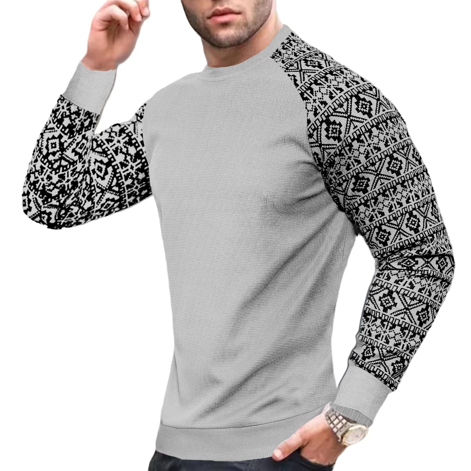 Men's Waffle Shirts Long Sleeve - Casual Slim Fit Undershirts Crew Neck Pullover Tops Light Grey