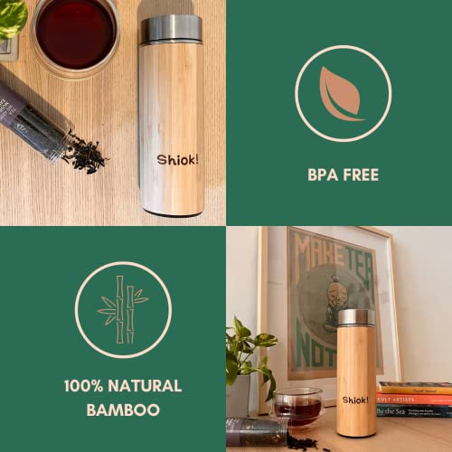 Shiok! Premium Bamboo Tea Tumbler with Strainer. 17 Oz Capacity Stainless Steel Thermos. Durable Double Walled Vacuum Insulated Travel Mug with filter. Keeps Hot & Cold up to 12hrs