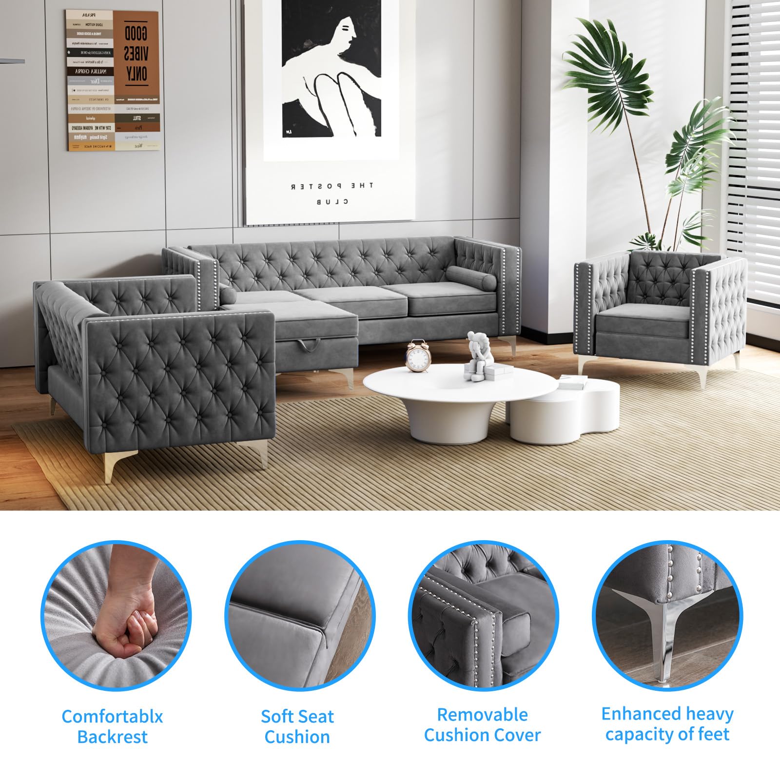 PUREMIND Convertible L-Shaped Sectional Sofa, Velvet 3-Seater Sectional Couch with Movable Storage Ottoman, Button Tufted Reversible L Couches for Living Room Apartment - Grey