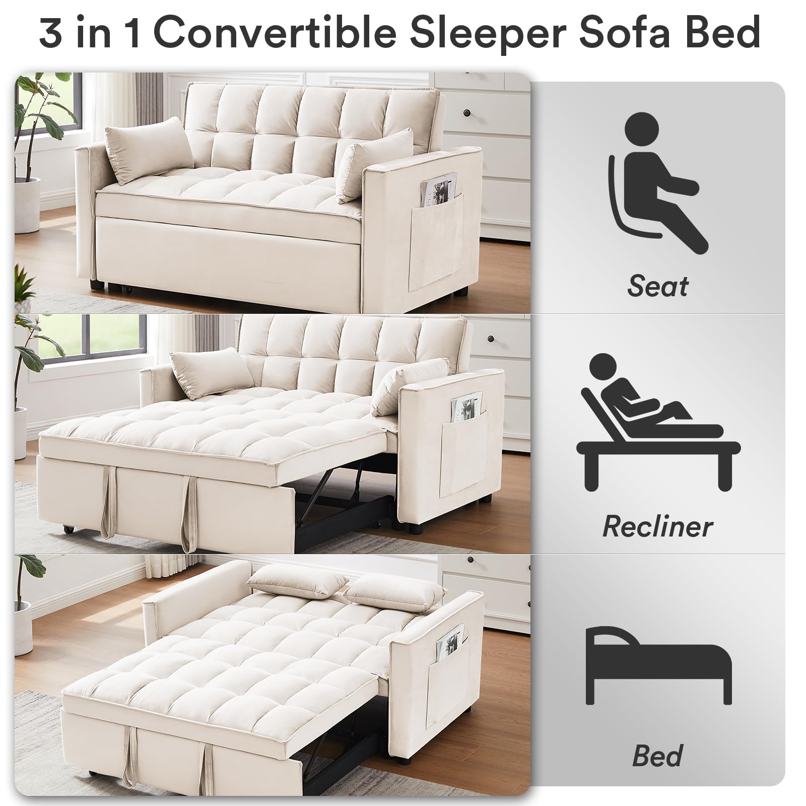 Rovibek 3 in 1 Convertible Sleeper Sofa Bed Pull Out Couch Futon Loveseat Velvet Chaise Lounge with 2 Pockets and 2 Pillows for Living Room, White