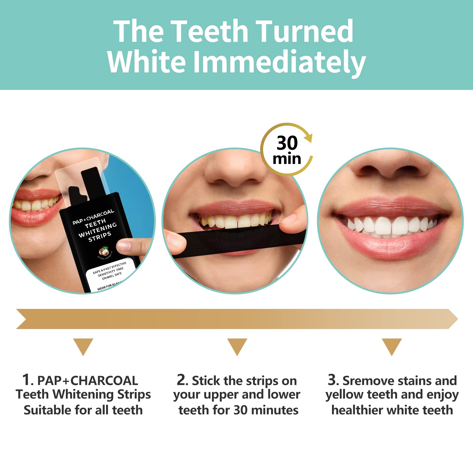 Pap+ Charcoal Teeth Whitening Strips Professional Teeth Whitening Kit for Teeth Sensitive or Coffee Drinker, 28 Tooth Whitener Strips Easy to Use 14 Treatments by ECTEST