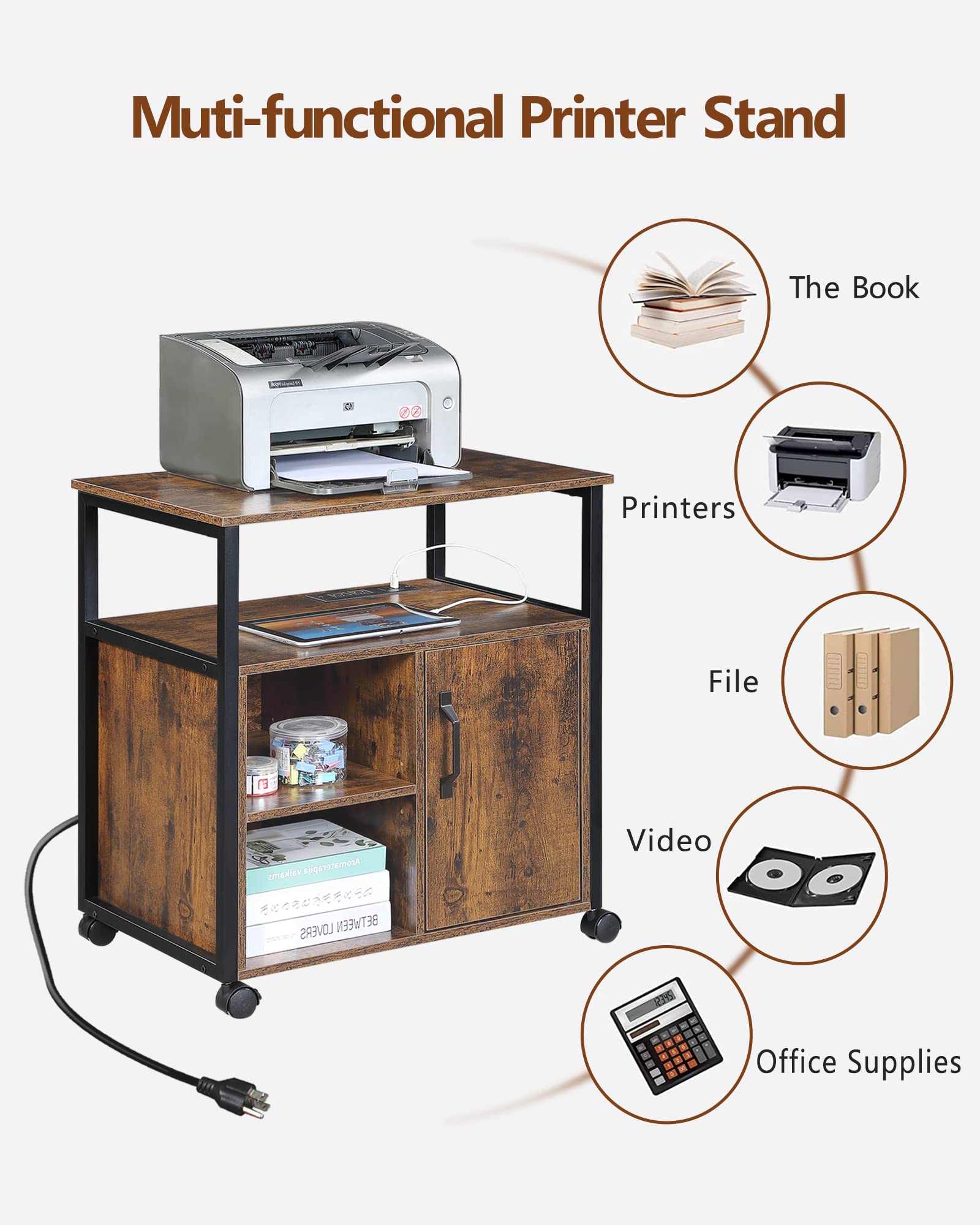 Kavonty Lateral File Cabinet,Office Filing Cabinets with Socket and USB Charging Port,Modern Rolling Printer Stand with Storage for A4, Letter Size and File Folders,for Home Office, Rustic Brown