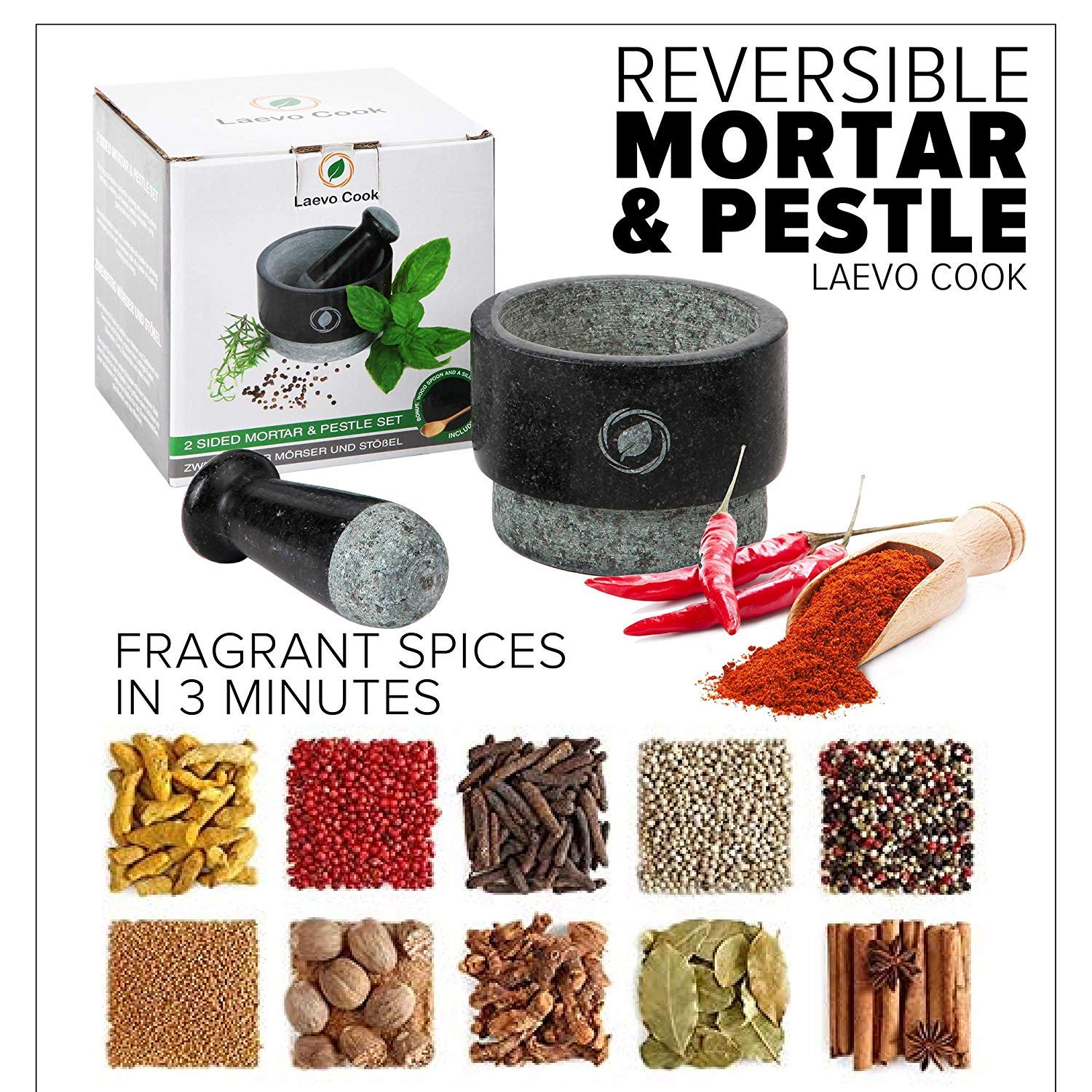 Laevo Mortar and Pestle Large Set - Black Granite Stone Spice Grinder, 2.1 Cup Capacity, 5.5" - Reversible Molcajete Mexicano - Guacamole, Pesto, Spices - Large Mortar & Pestles, Mortar and Pestle Set