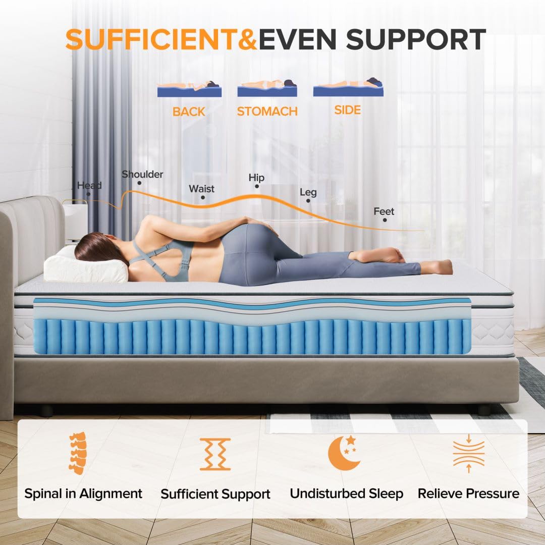 TXO Queen Mattress, 12 Inch Medium Firm Hybrid Queen Mattress with Pocketed Springs and Gel Memory Foam, Sufficient& Even Support, Enhance Edge Support, Motion Isolation, Queen Mattress in a Box