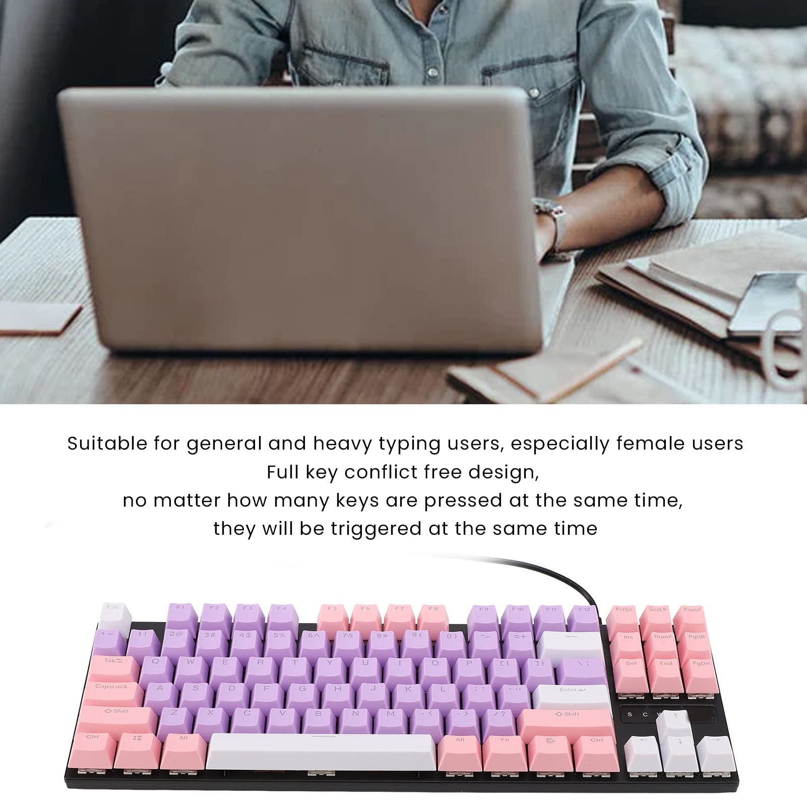 Septpenta Red Switch Mechanical Keyboard, 87 Keys Ergonomic Mechanical Gaming Keyboard, 26 RGB Lighting Effects, Full Key Conflict Free Design with Splash Proof Drainage Holes(Purple Pink White)