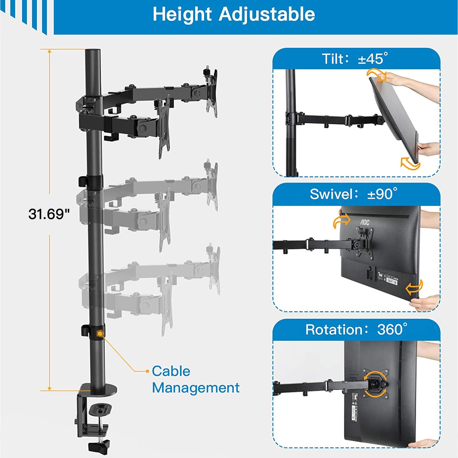 HUANUO Dual Monitor Stand with Extra Tall Pole 32 Inch, Fully Adjustable Monitor Mount, C Clamp & Grommet Mounting Base