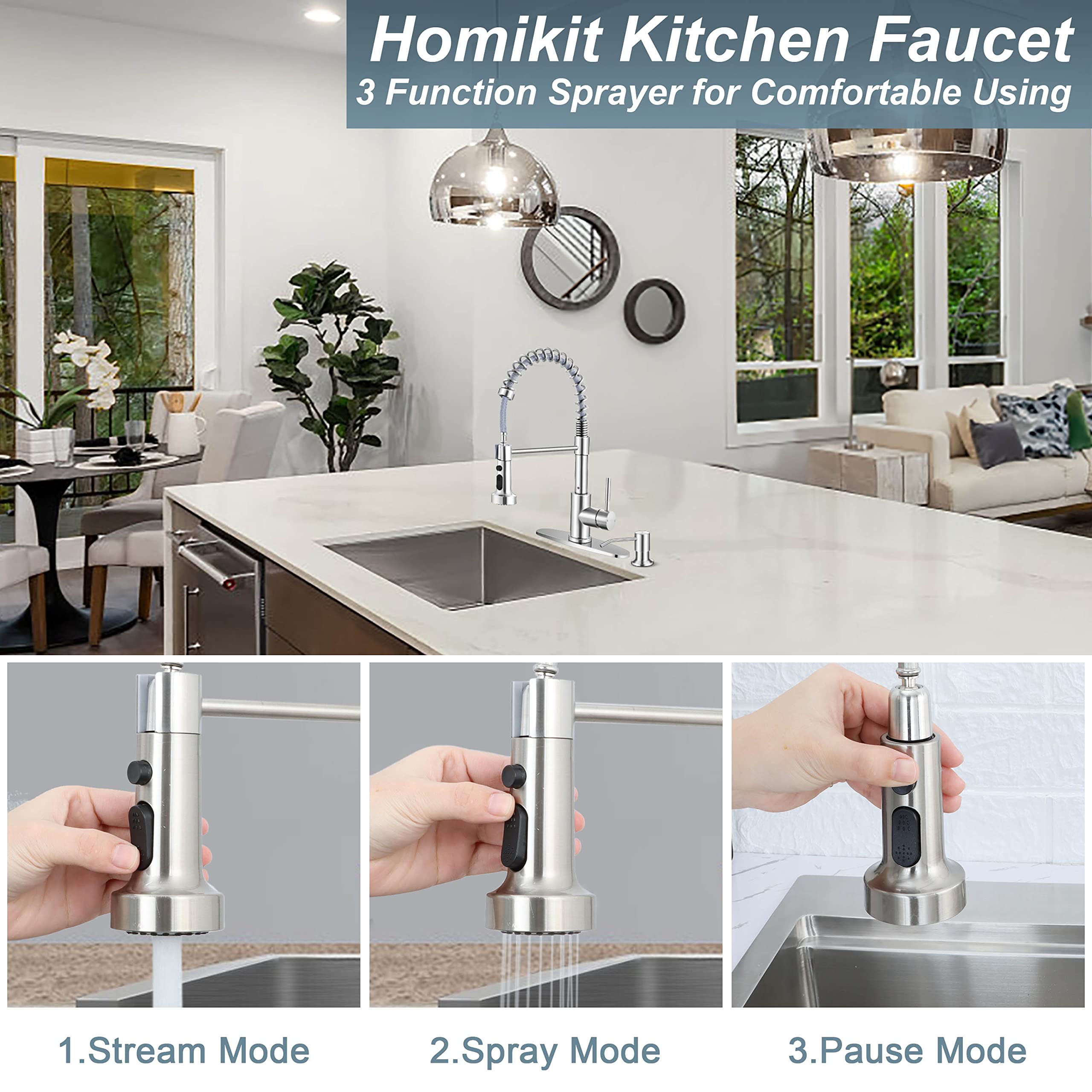 Homikit Kitchen Faucet Brushed Nickel with Pull Down Sprayer & Soap Dispenser, Stainless Steel Spring Faucets with Deck Plate 1 or 3 Hole, High Arc Commercial Sink Faucet for Farmhouse Laundry RV Bar