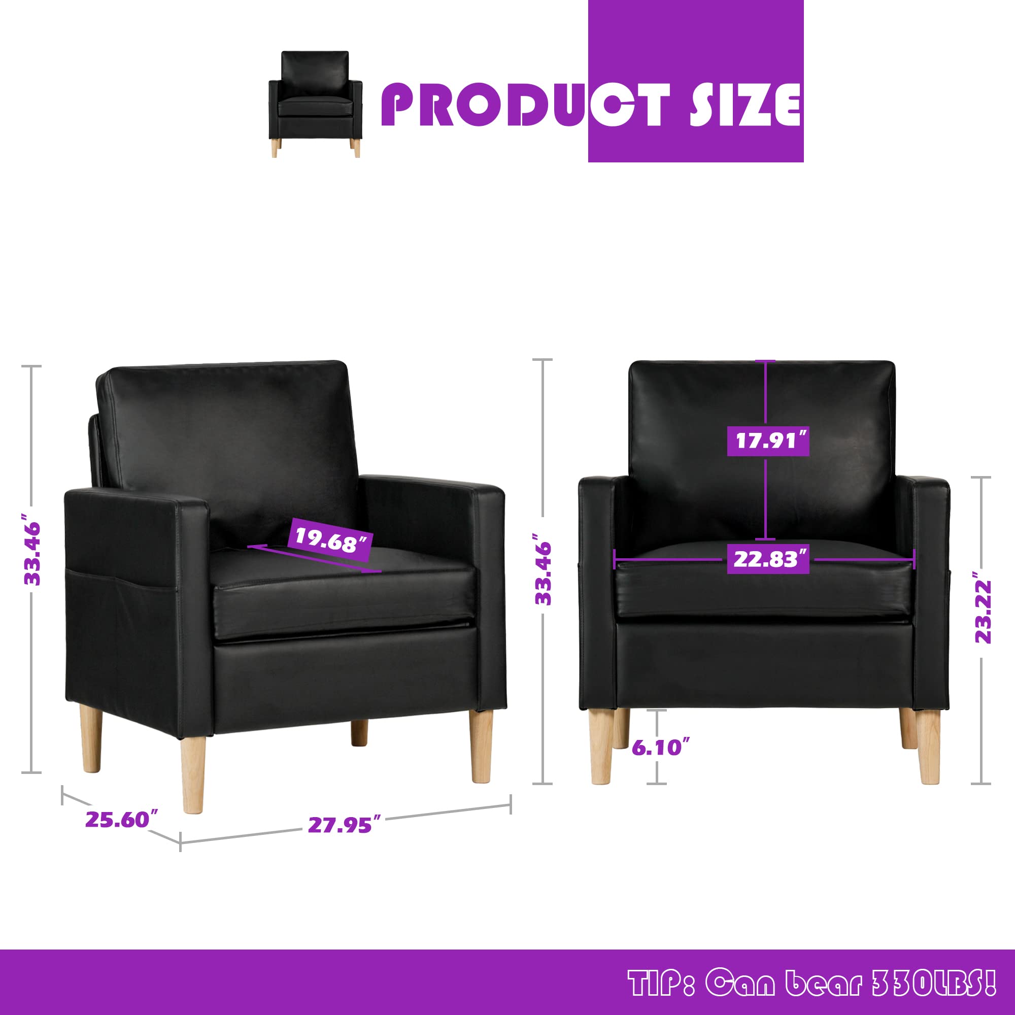 TYBOATLE Modern PU Leather Living Room Furniture 2 Pieces Sectional Sofa Couches Sets, Loveseat w/ 2 USB Charging Ports and Comfy Accent Arm Chairs for Small Space, Apartment, Office, Studio (Black)